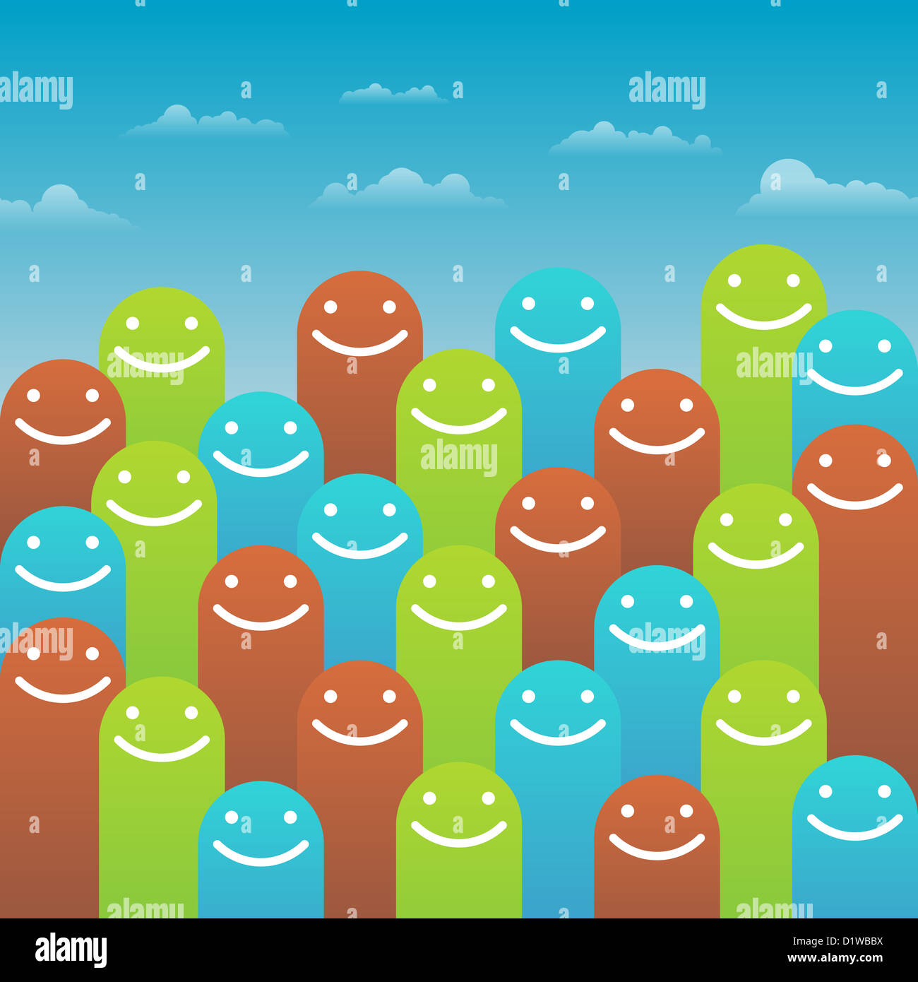 Vector illustration of colorful abstract happy faces on a blue sky ...