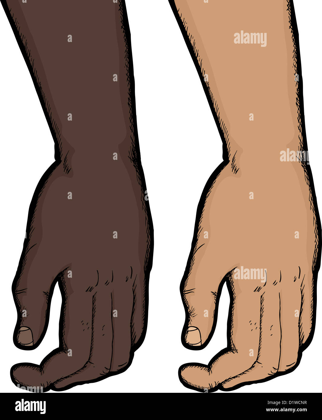 Close up of relaxed human hand in dark and light skin tones Stock Photo ...