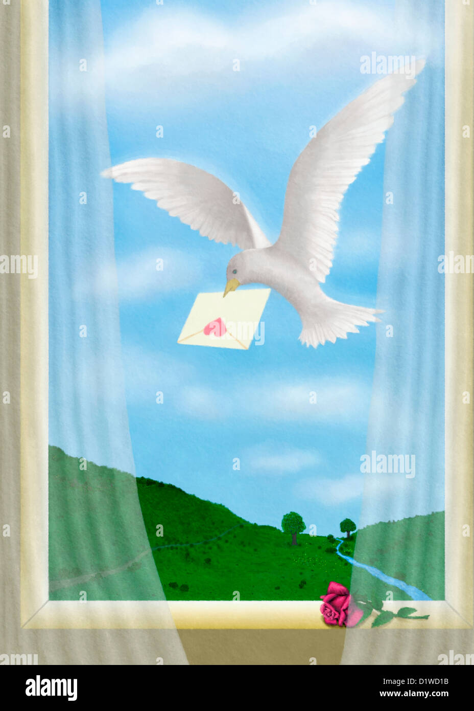 Illustration of a graceful bird delivering a love note with a heart on ...