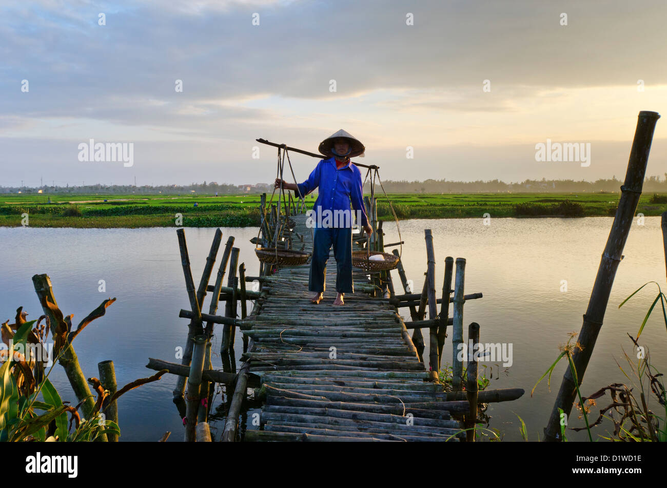 Woman carrying yoke baskets over bamboo bridge, Vietnam Stock Photo - Alamy