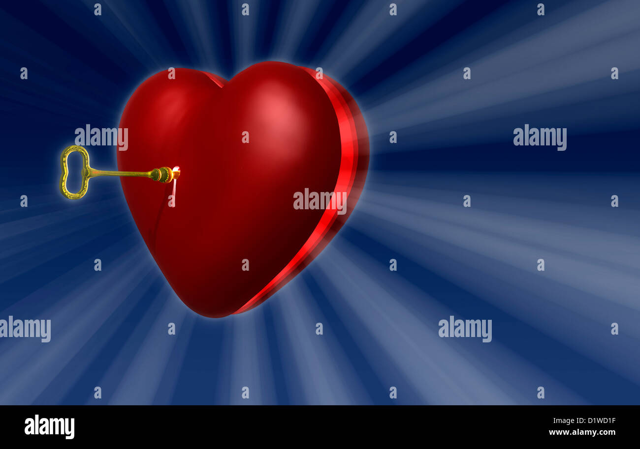 Magical illustration of a golden key opening a heart that glows and ...