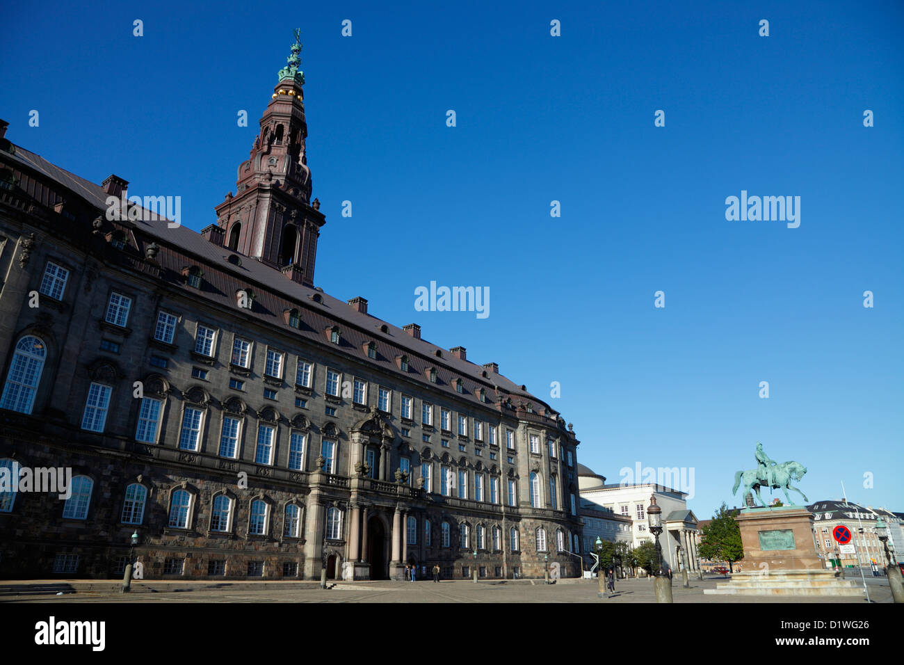 The palace and square of Christiansborg Palace with the equestrian ...