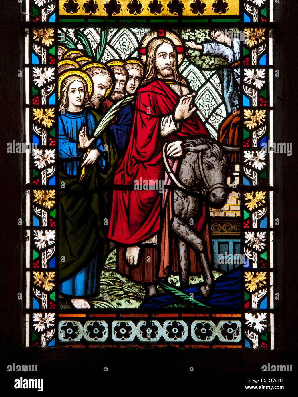 East Window detail of Christ riding donkey, All Saints Church, Mixbury ...
