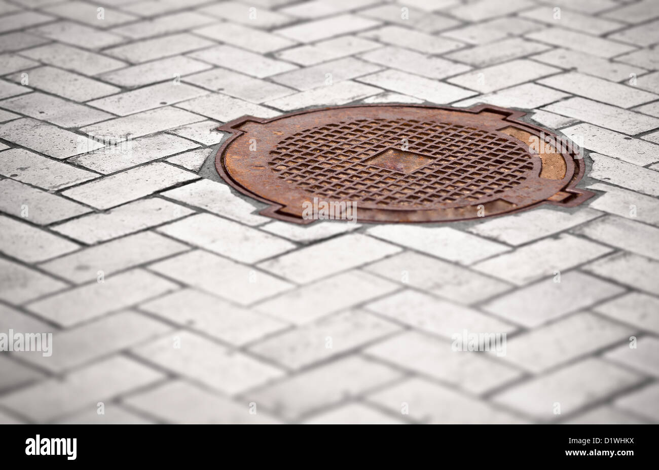 Rusty metal manhole cover in the pavement Stock Photo - Alamy
