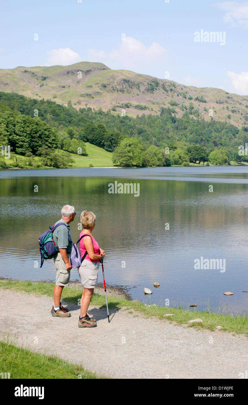 walkers Grasmere Lake and Silver Howe Cumbria Eng.land UK Stock Photo ...
