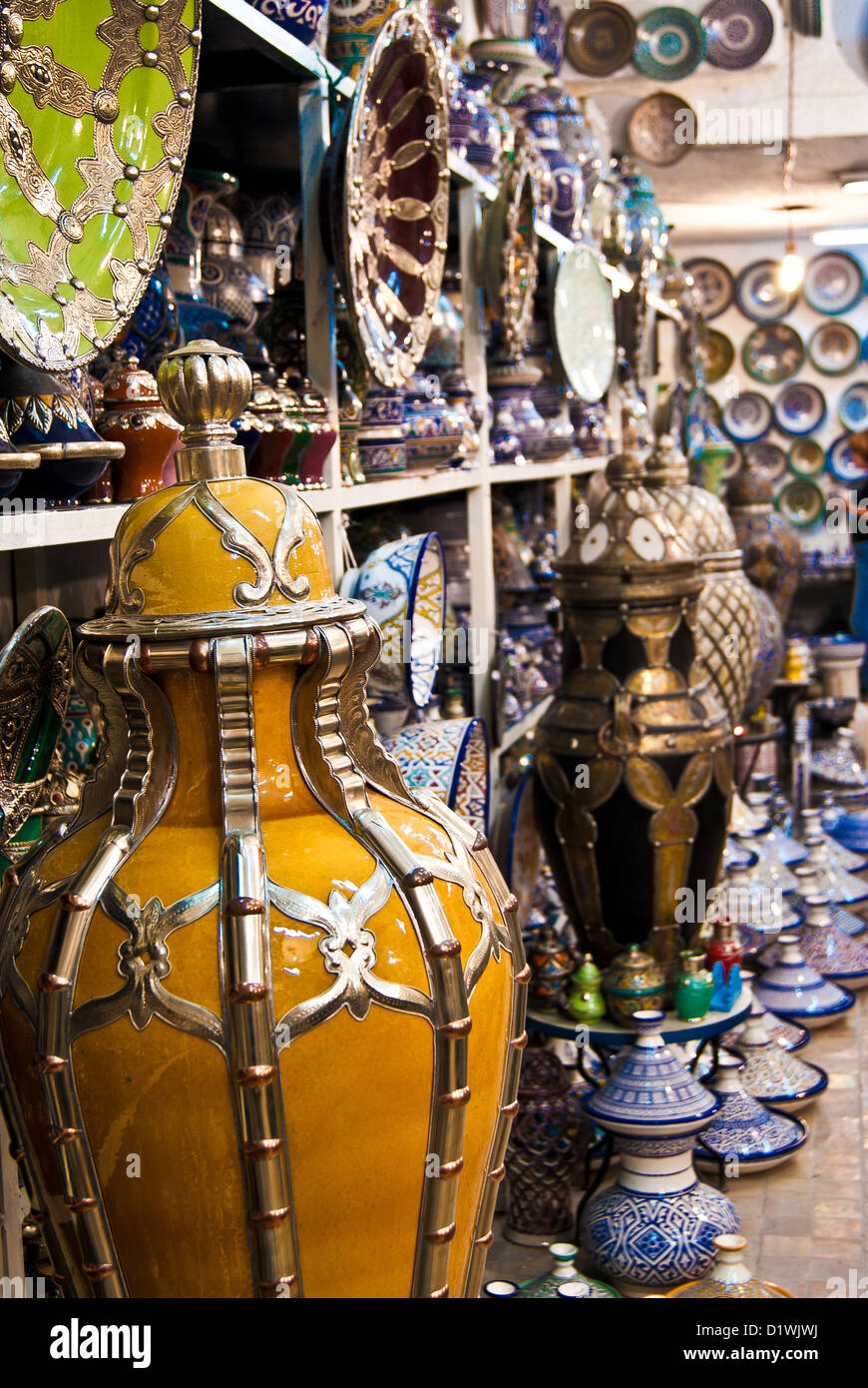 A colored craft shop in Fez, Morocco, with vases, plates, mugs Stock ...