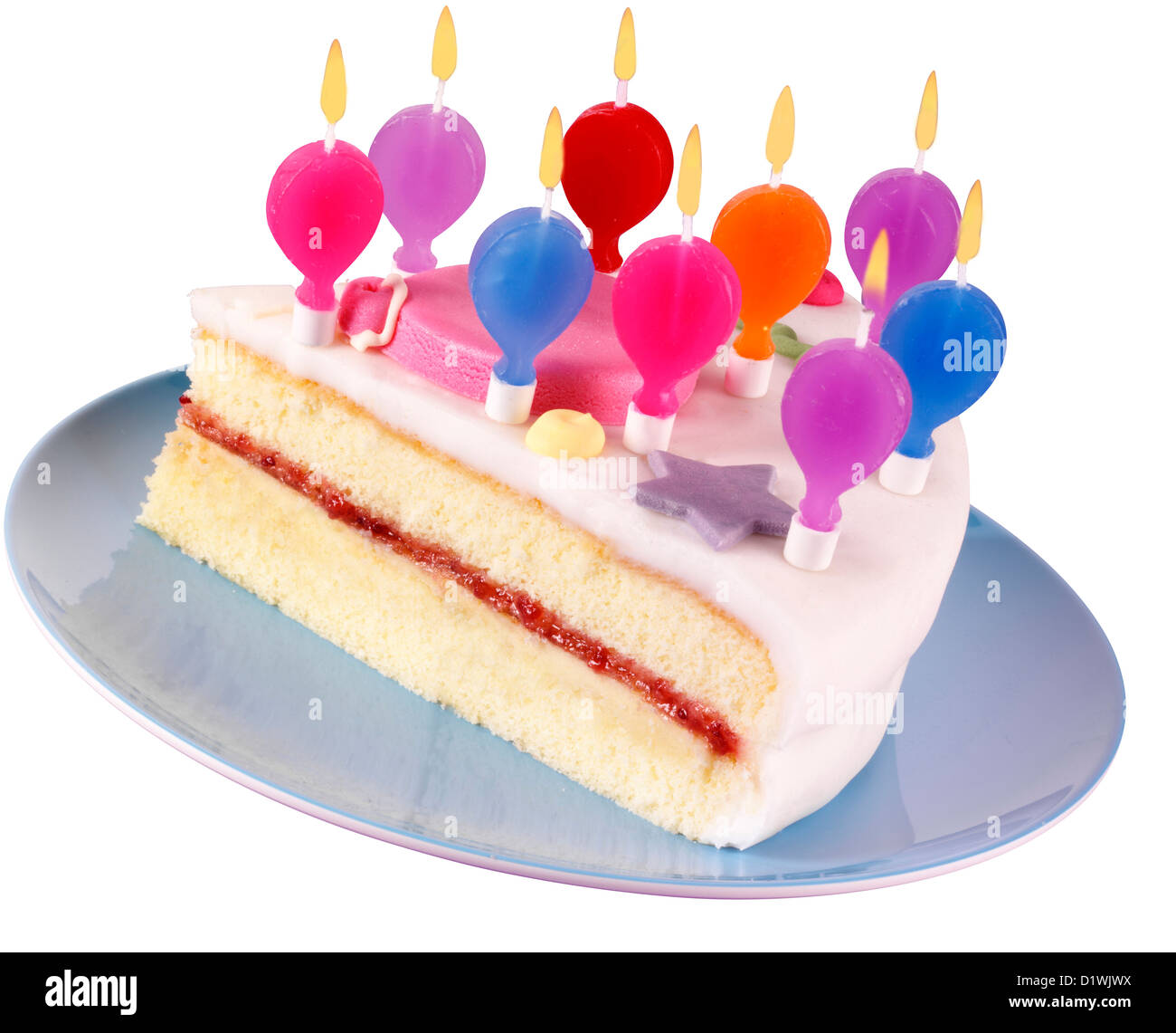 CUT OUT SLICE OF BIRTHDAY CAKE WITH LIT CANDLES Stock Photo - Alamy