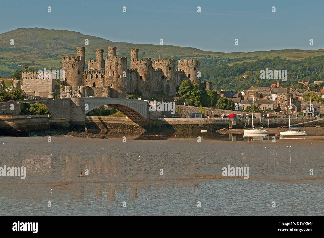 Conwy Castle and town from across the River Conwy estuary in North ...