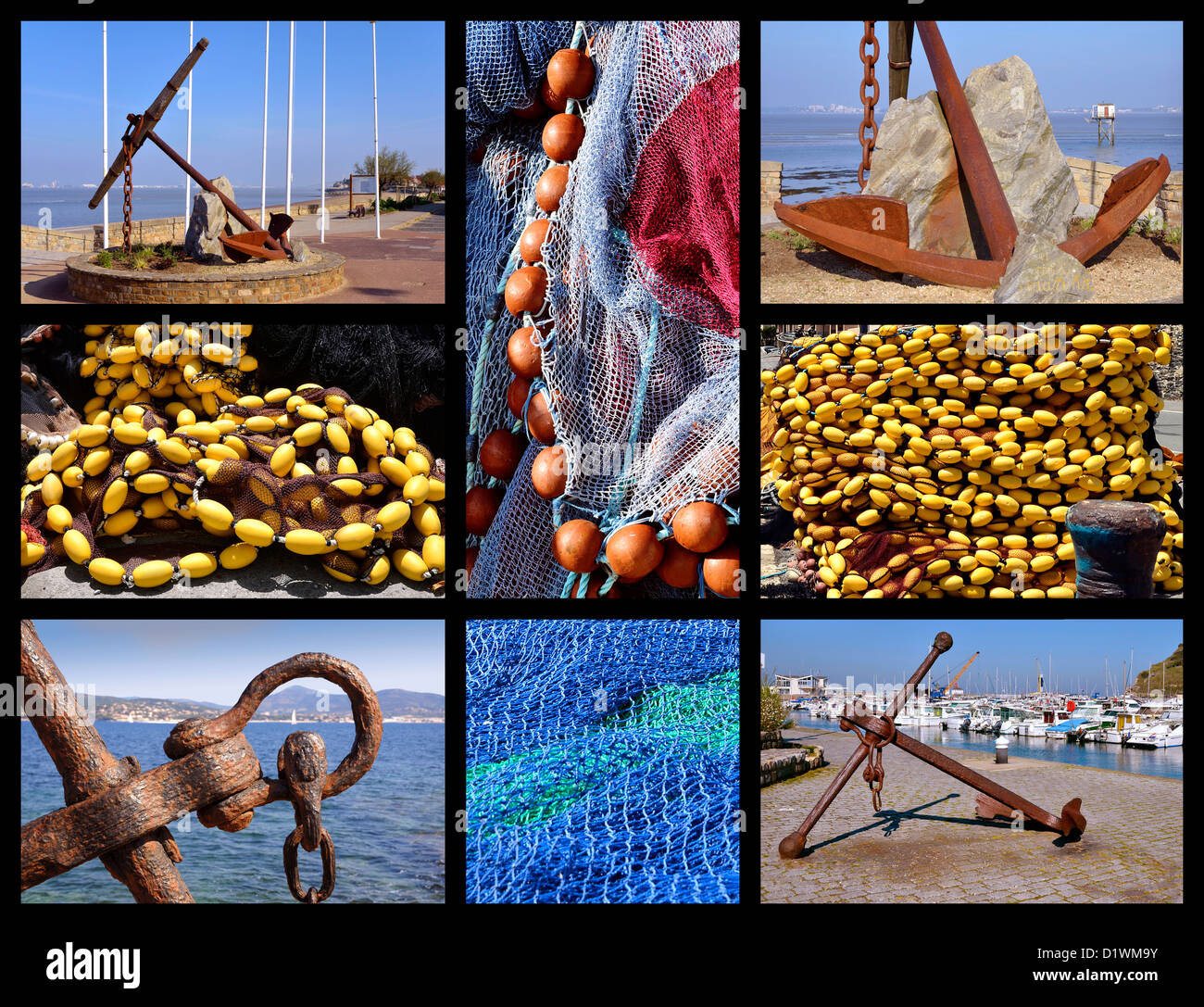 Eight mosaic photos marin anchors and fishing nets Stock Photo - Alamy