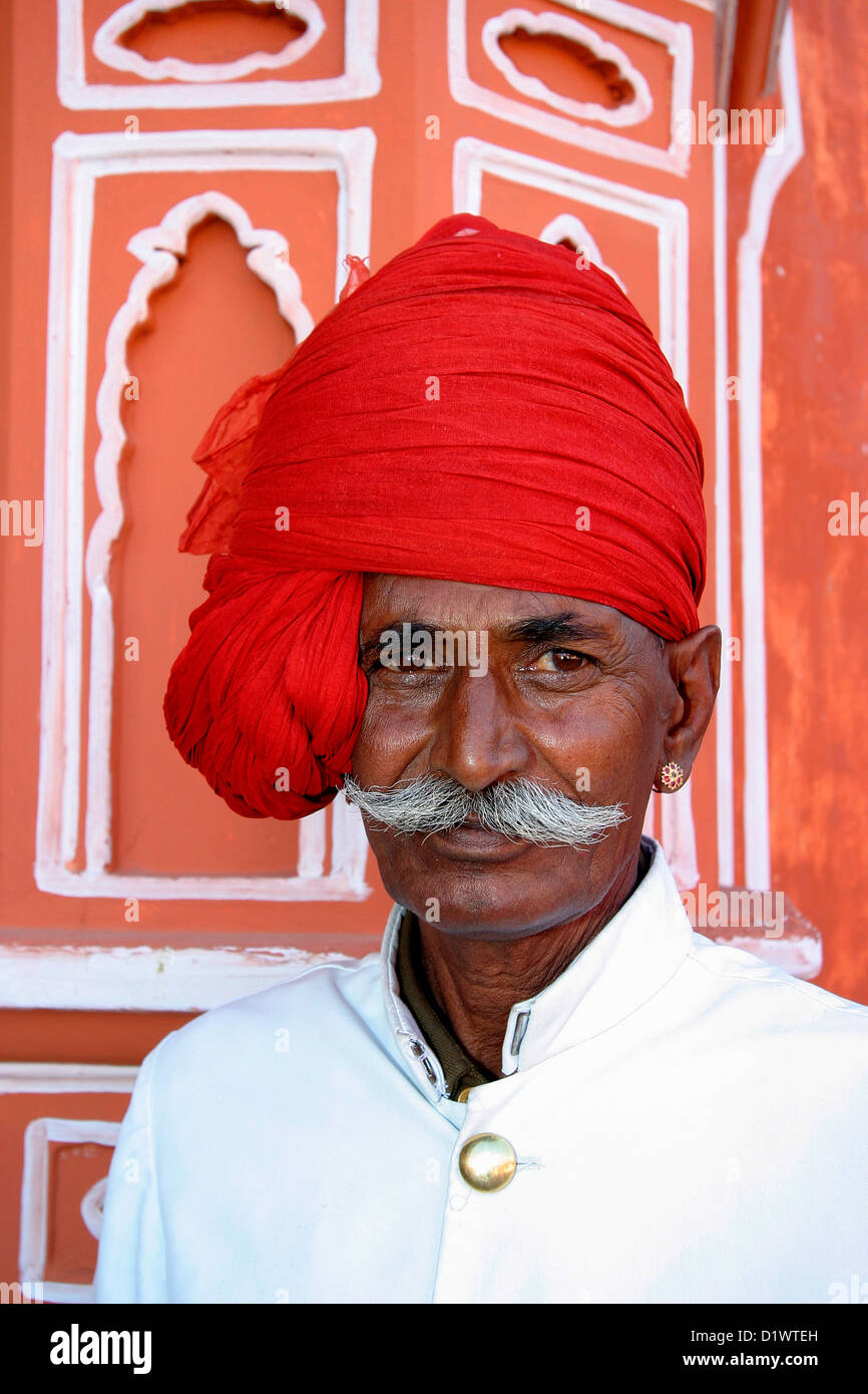 Portrait of a museum guard with a magnificent moustache and colourful ...