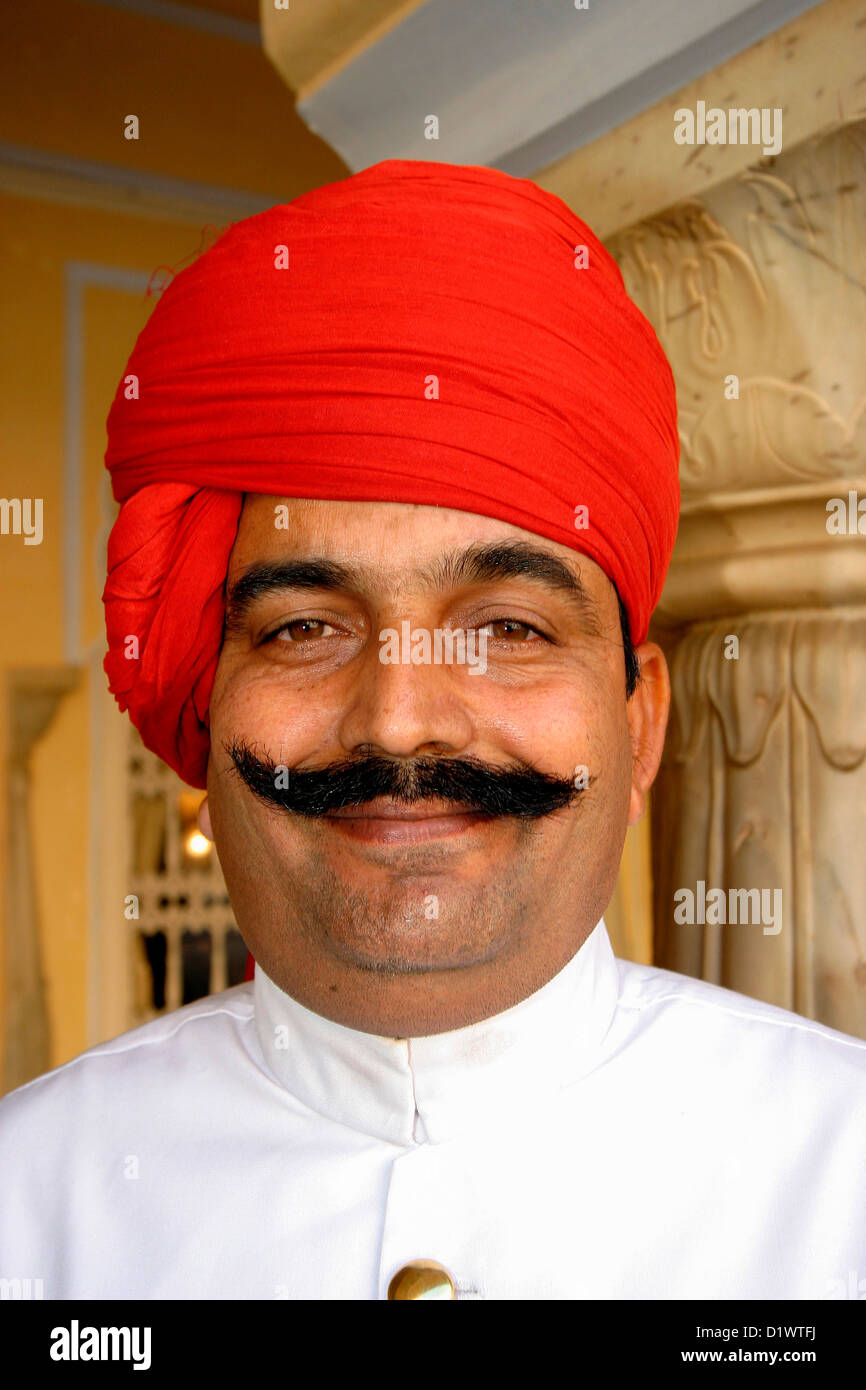 Portrait of a museum guard with a magnificent moustache and colourful ...