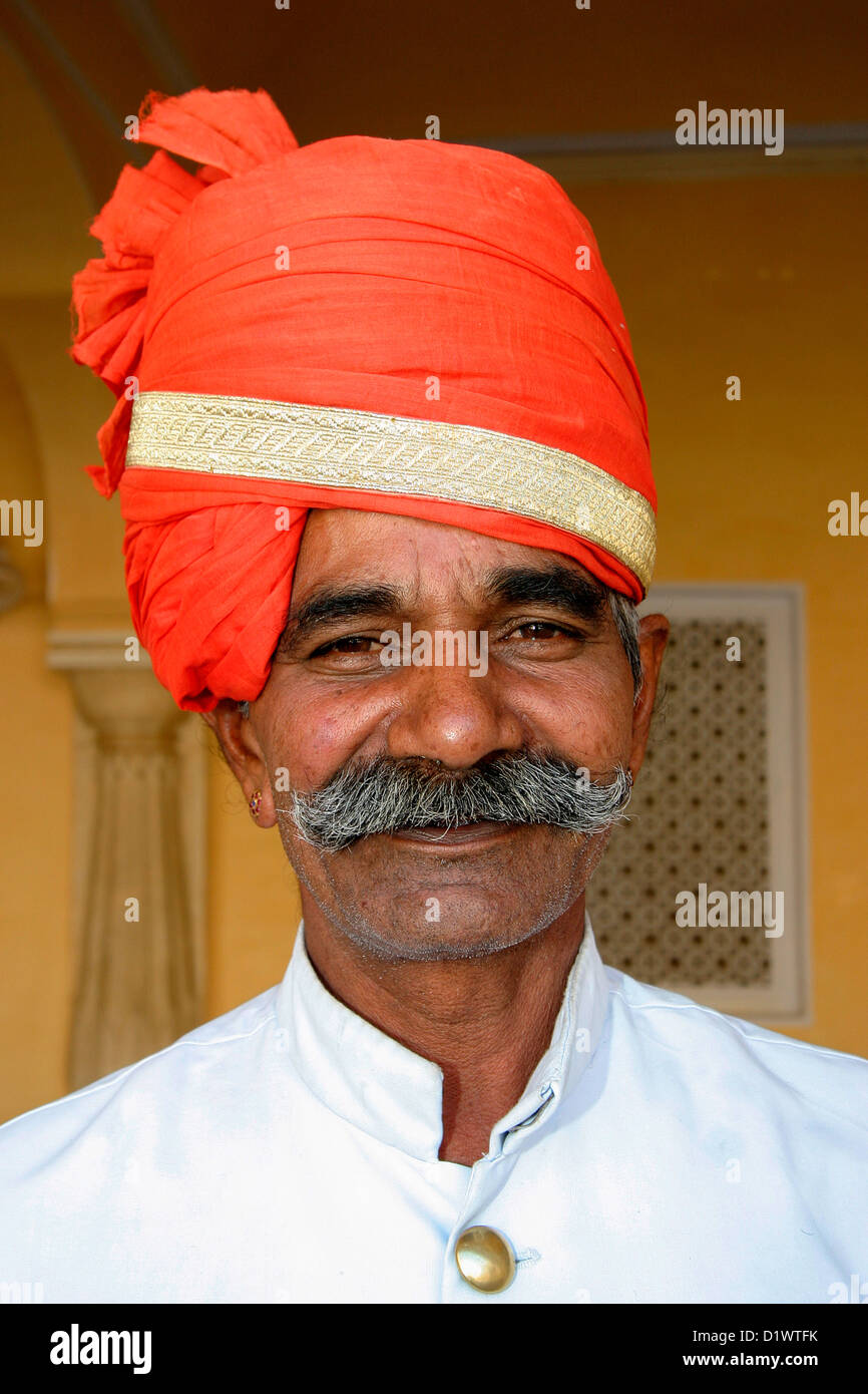 Portrait of a museum guard with a magnificent moustache and colourful ...