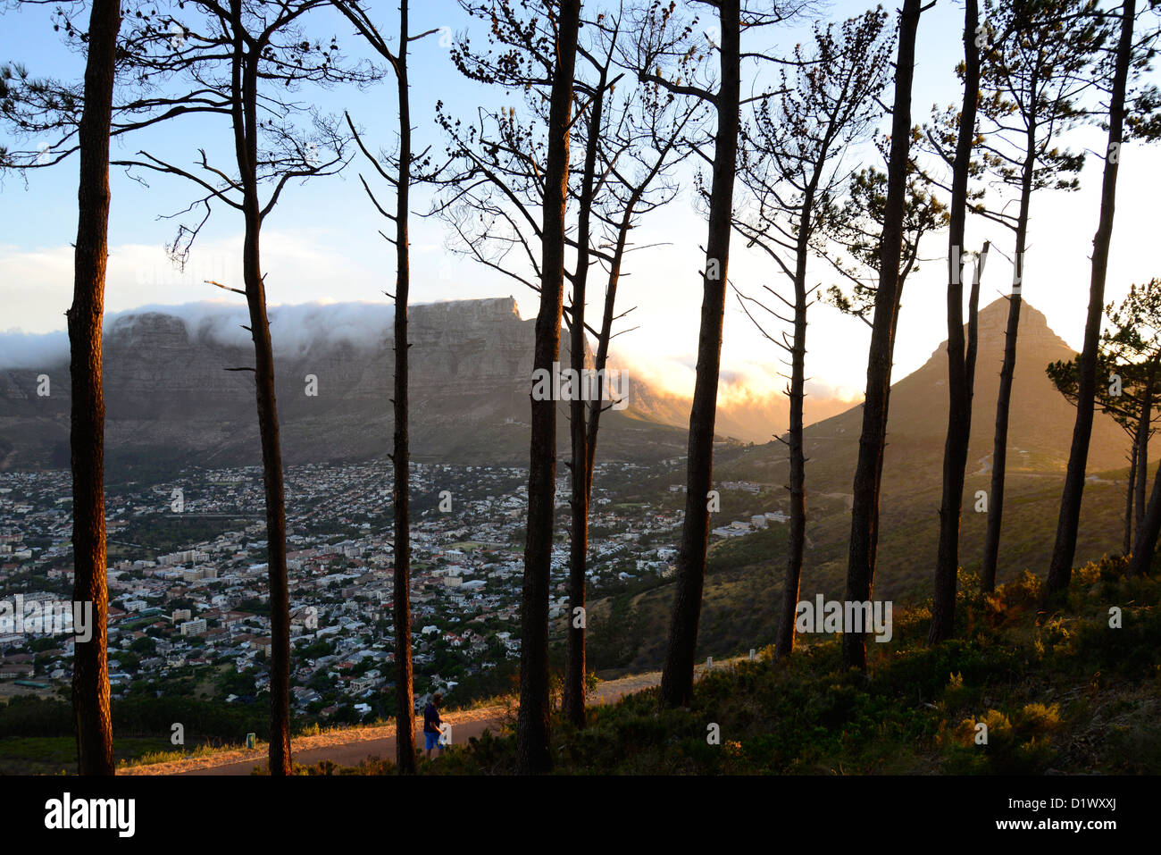 Table Mountain at sunset with the "table cloth" of clouds hanging over ...