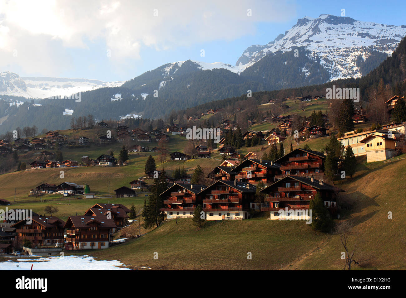 Swiss Chalet homes, ski resort of Grindelwald, Swiss Alps, Jungfrau ...
