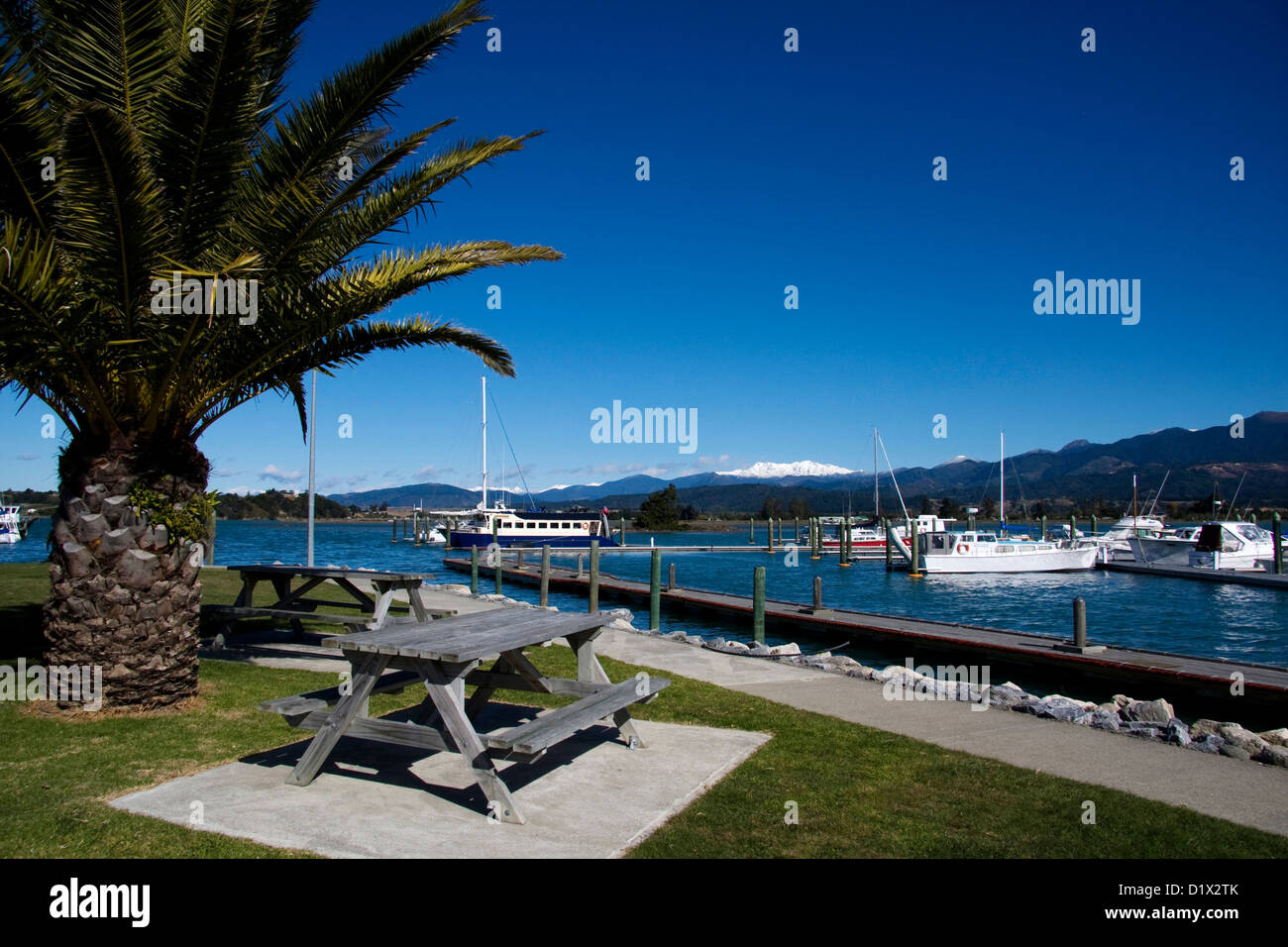 Table-benches at the Motueka Boat Club Stock Photo - Alamy