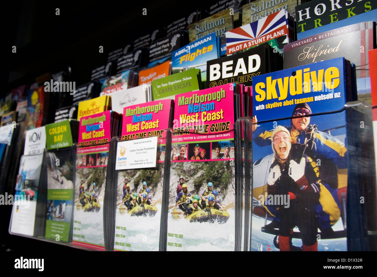 Shelves of brochures for visitors at a local information center in ...