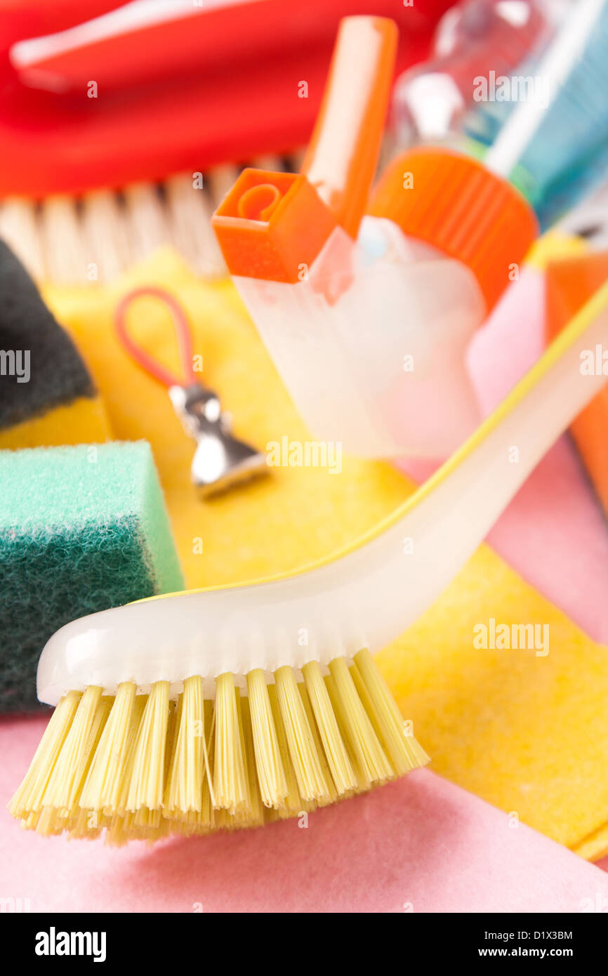 Assortment of colored means for cleaning and washing Stock Photo - Alamy