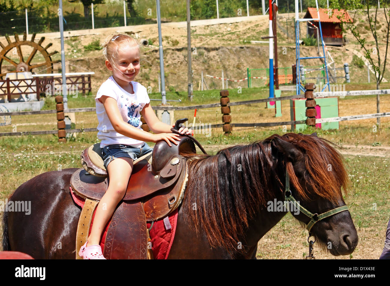 Little cute girl rides big gentle horse Stock Photo - Alamy