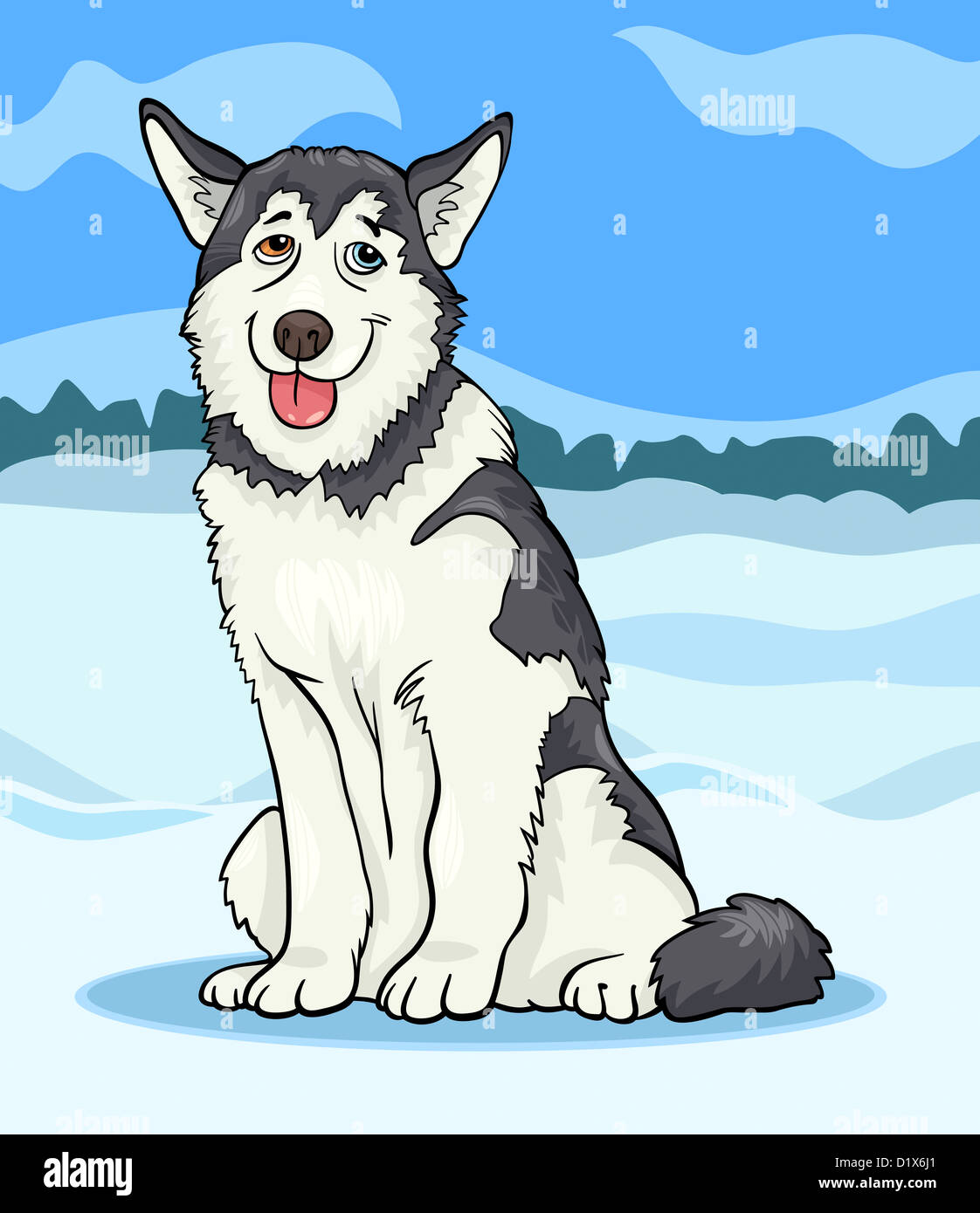 Cartoon Illustration of Funny Siberian Husky or Alaskan Malamute Dog ...