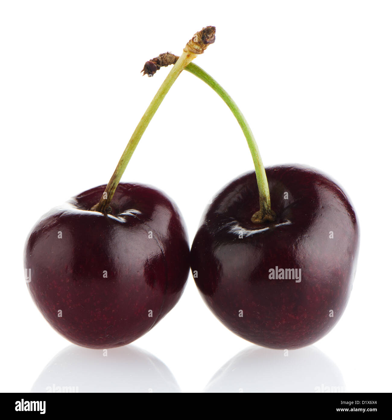 Closeup of fresh red cherries on white reflective background Stock ...