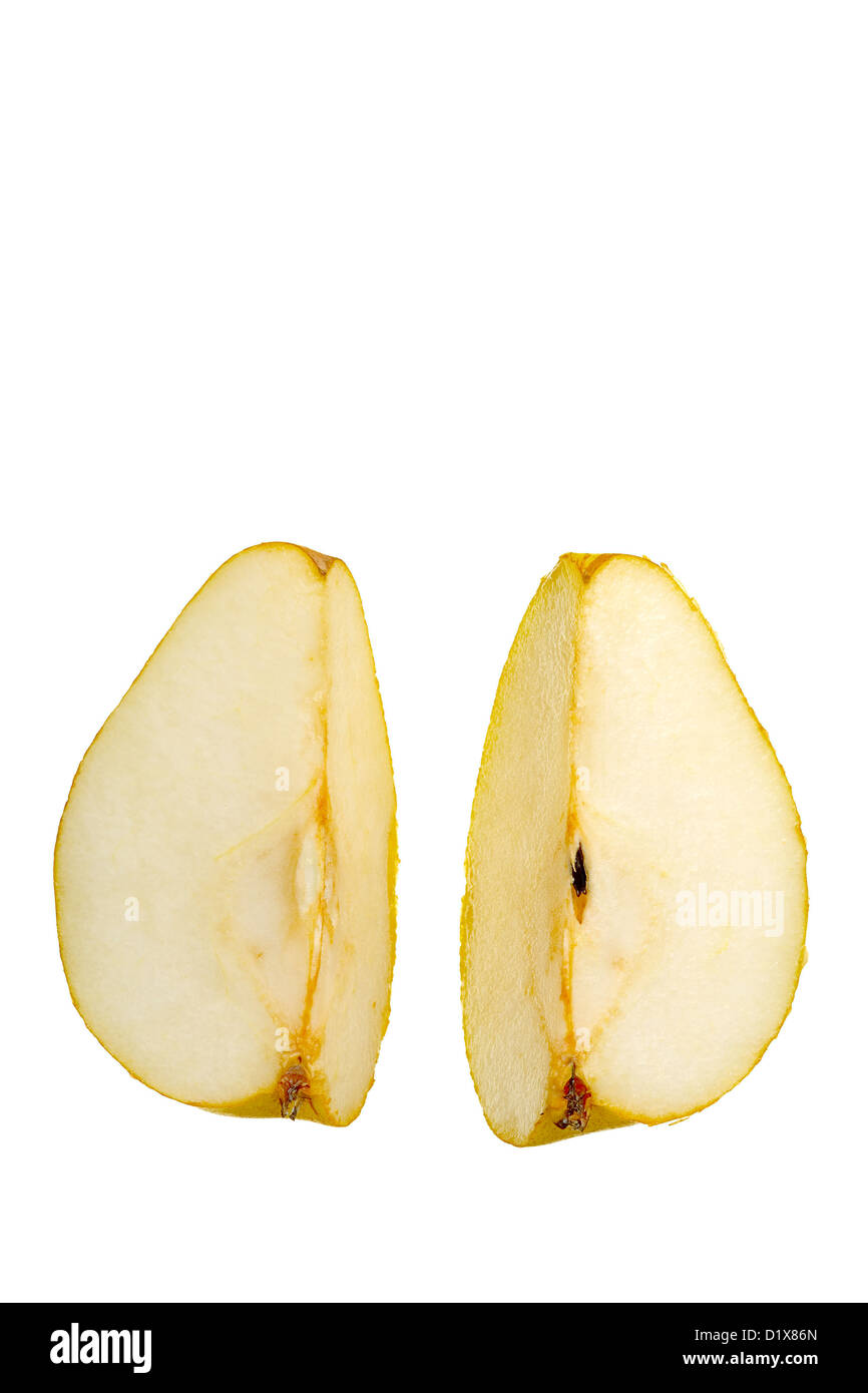 Close up of two half of pear fruit, isolated on white background Stock ...