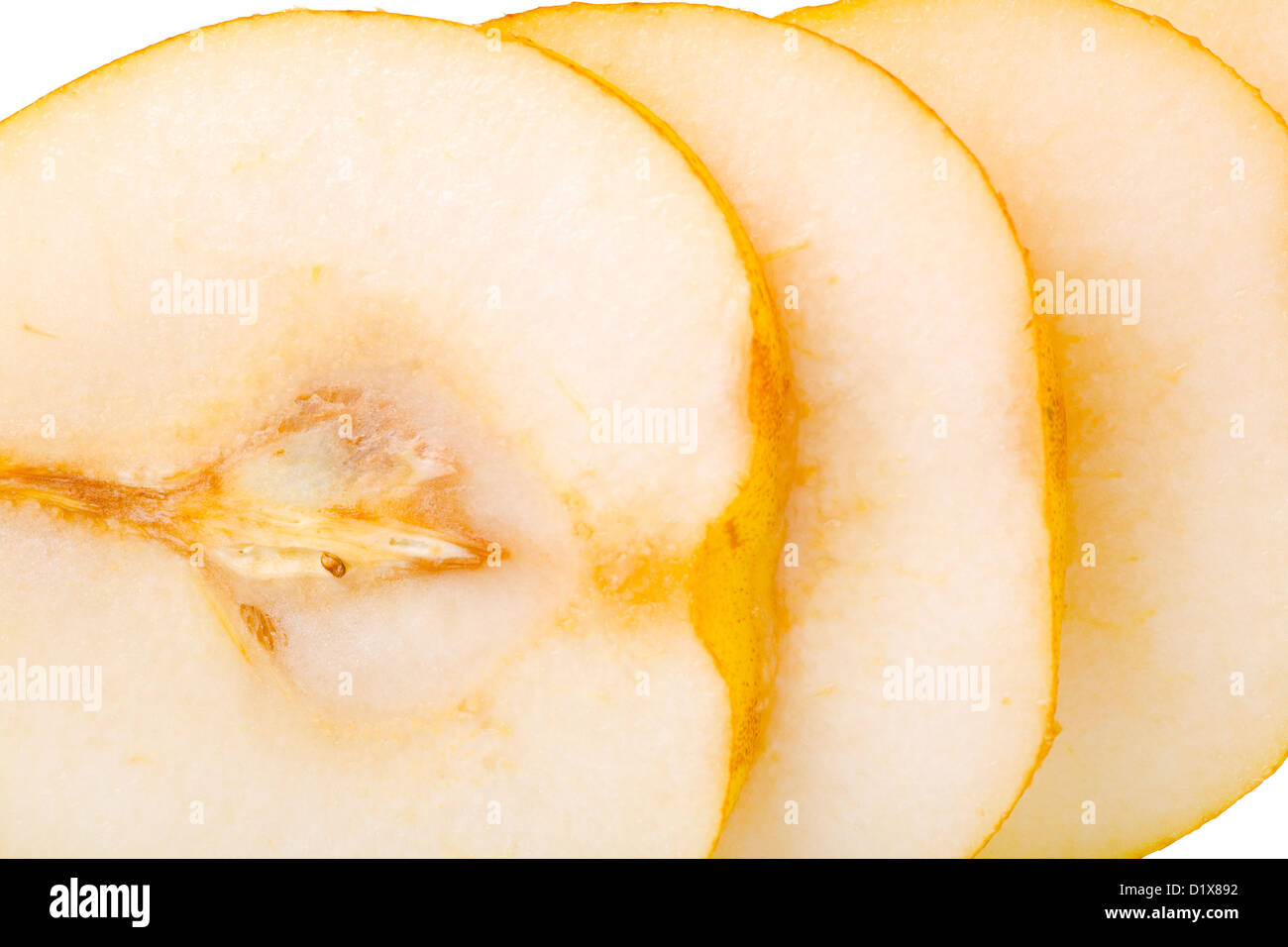 Close up of a pear fruit slices, isolated on white background Stock ...
