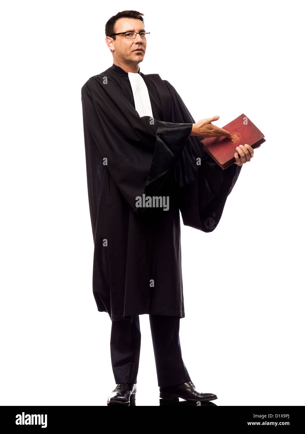 one caucasian lawyer man pleading in studio isolated on white ...