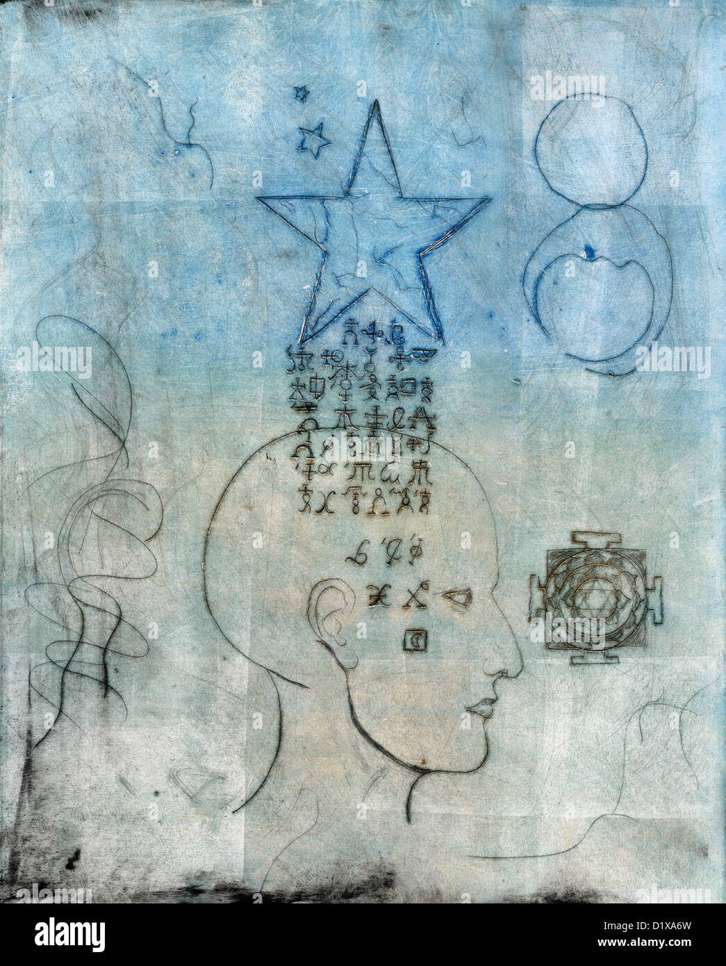 Monoprint of a human head with alchemical symbols coming through from a ...
