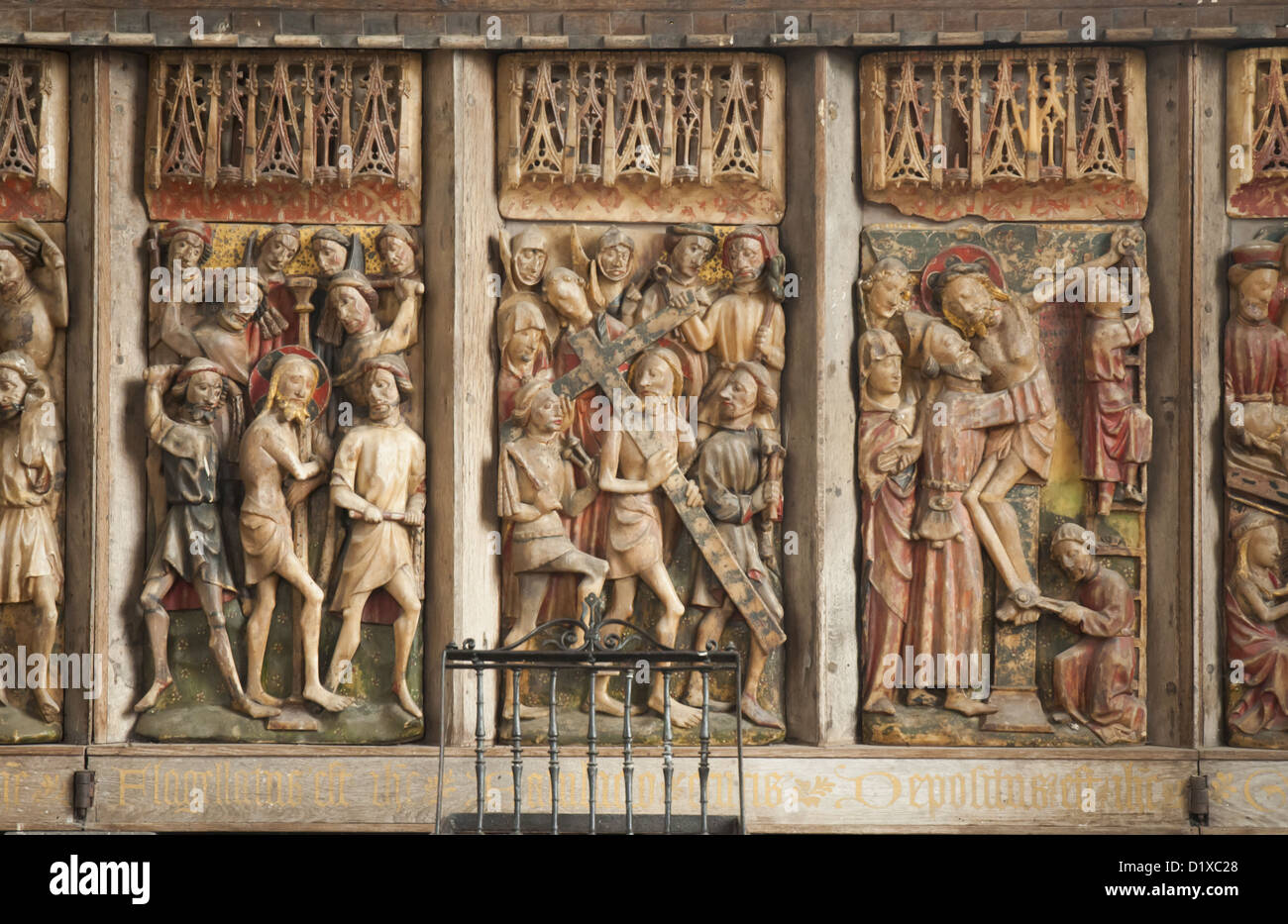 Alabaster altar piece in the chapel at Haddon Hall, a medieval ...