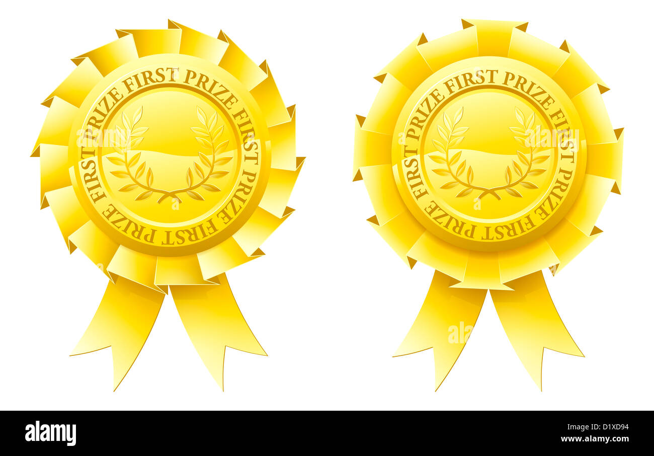 Two gold first prize rosettes with winner's laurel wreaths in the ...