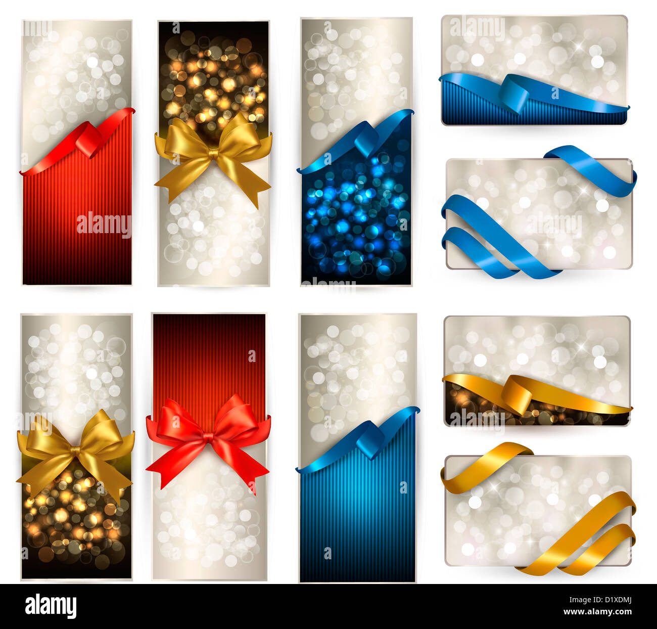 Set of beautiful Gift cards with color gift bows with ribbons Stock ...