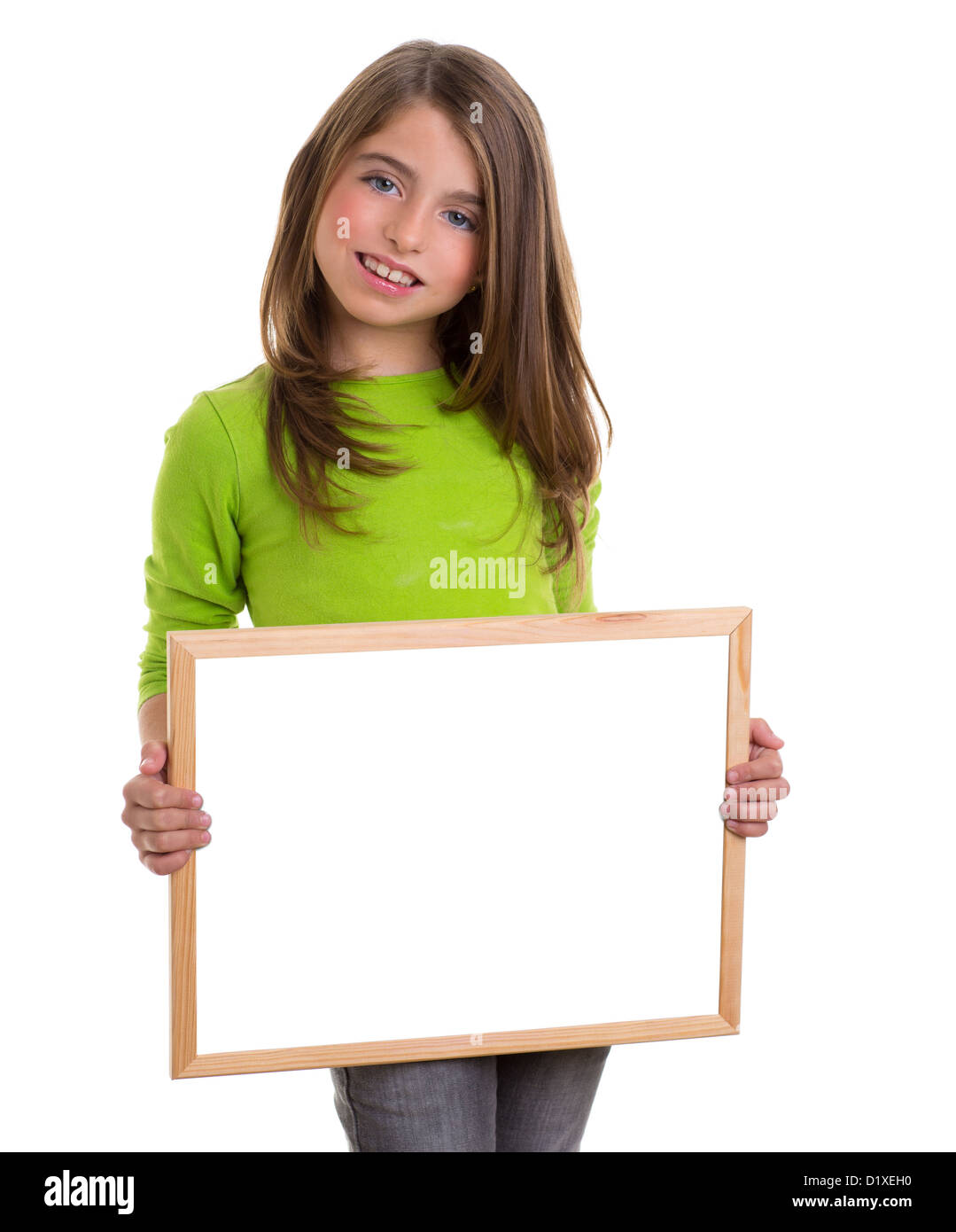 child smiling girl with blank white frame copy space white blackboard ...