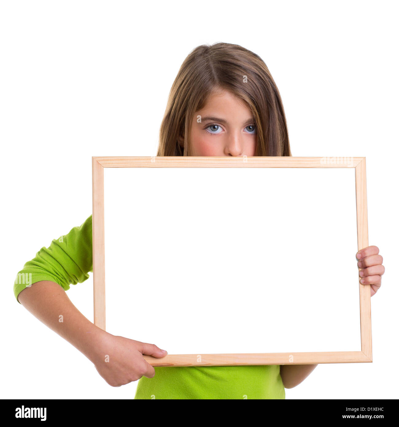 child girl with blank white frame copy space white blackboard blue eyes ...