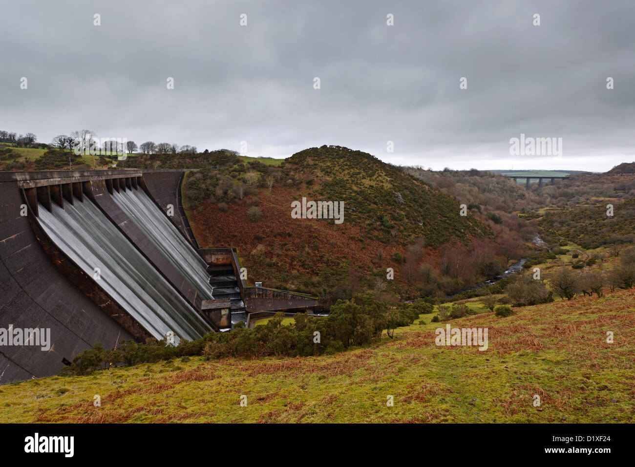 The dam at Meldon reservoir near Oakhampton in Devon England looking ...