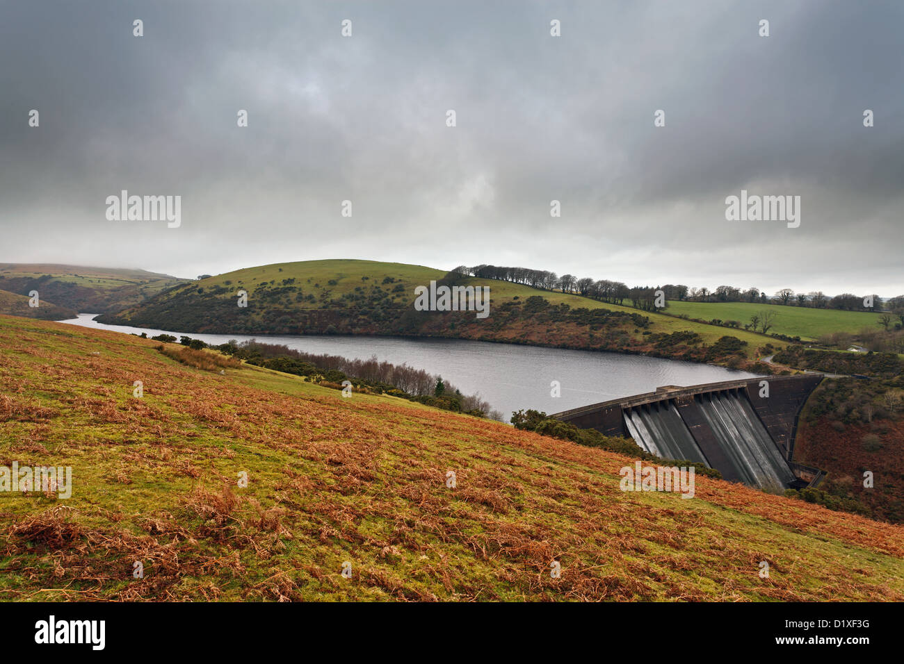 Meldon reservoir near Oakhampton in Devon England with water running ...