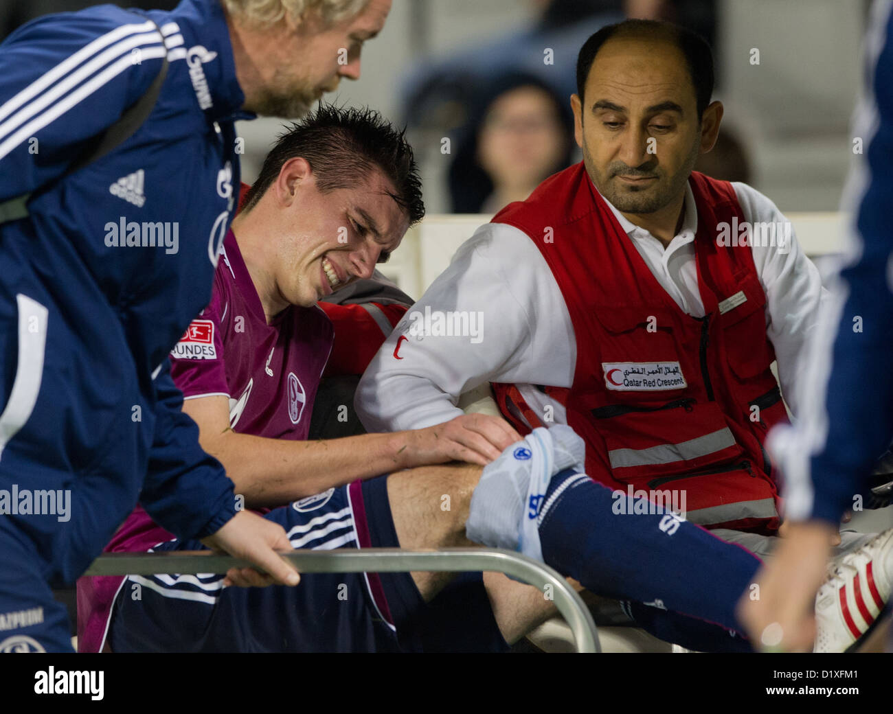 Soccer player Christoph Moritz from FC Schalke 04 is being transported ...
