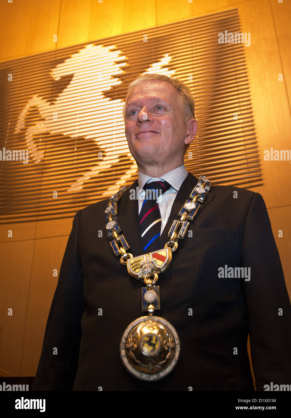 Fritz Kuhn, new mayor of Stuttgart, wears the chain of office during ...