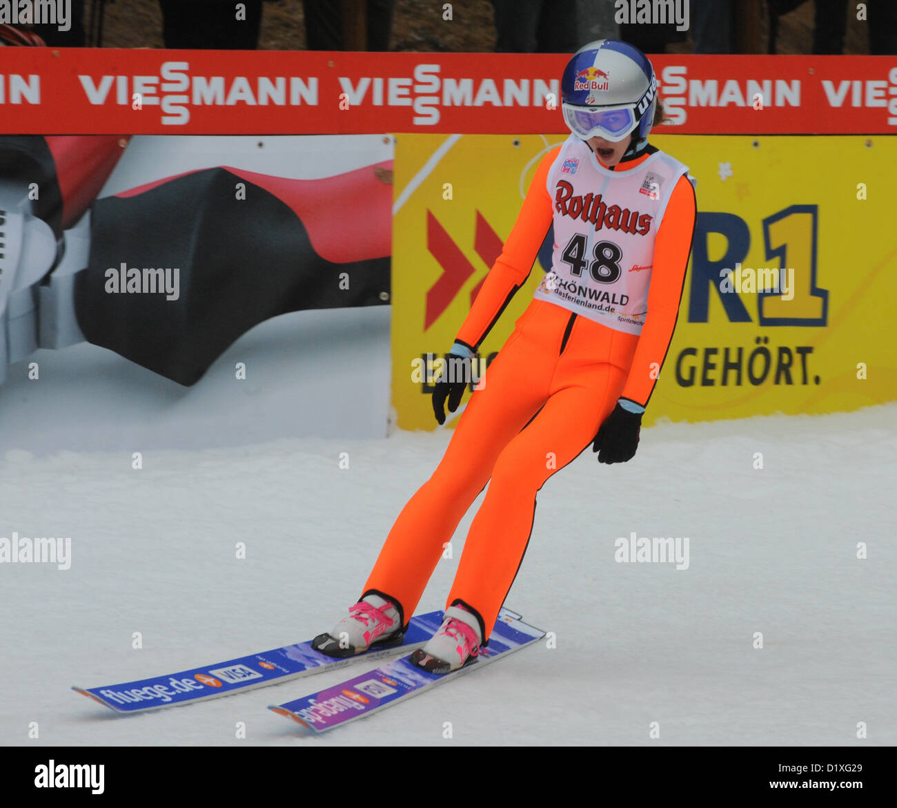 U.S. American ski jumper Sarah Hendrickson arrives at the finishing ...