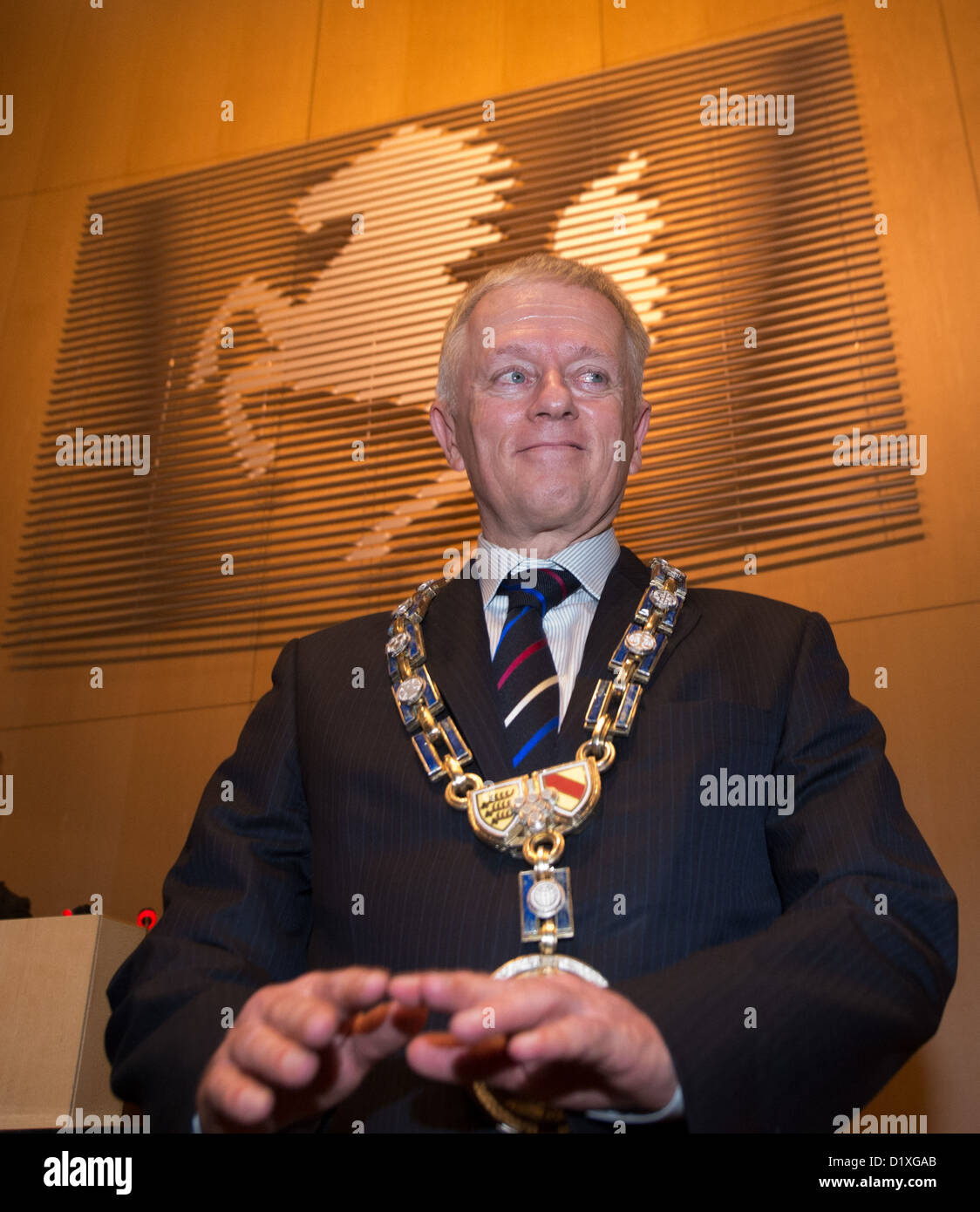 Fritz Kuhn, new mayor of Stuttgart, wears the chain of office during ...