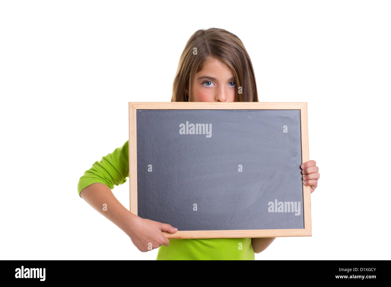 child smiling girl with blank frame copy space black blackboard happy ...