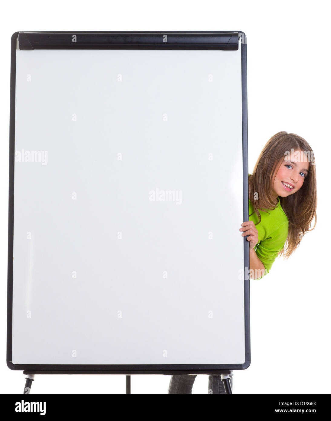 child kid happy girl with blank flip chart white copy space smiling ...