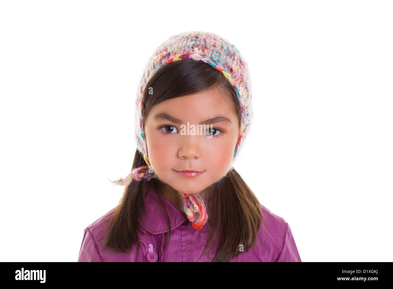Asian child kid girl winter portrait purple coat and wool cap on white ...