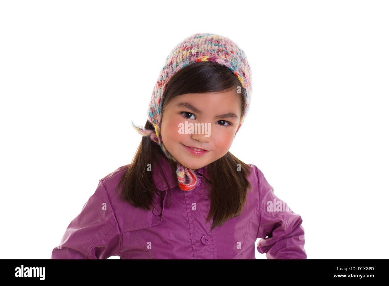 Asian child kid girl winter portrait purple coat and wool cap on white ...