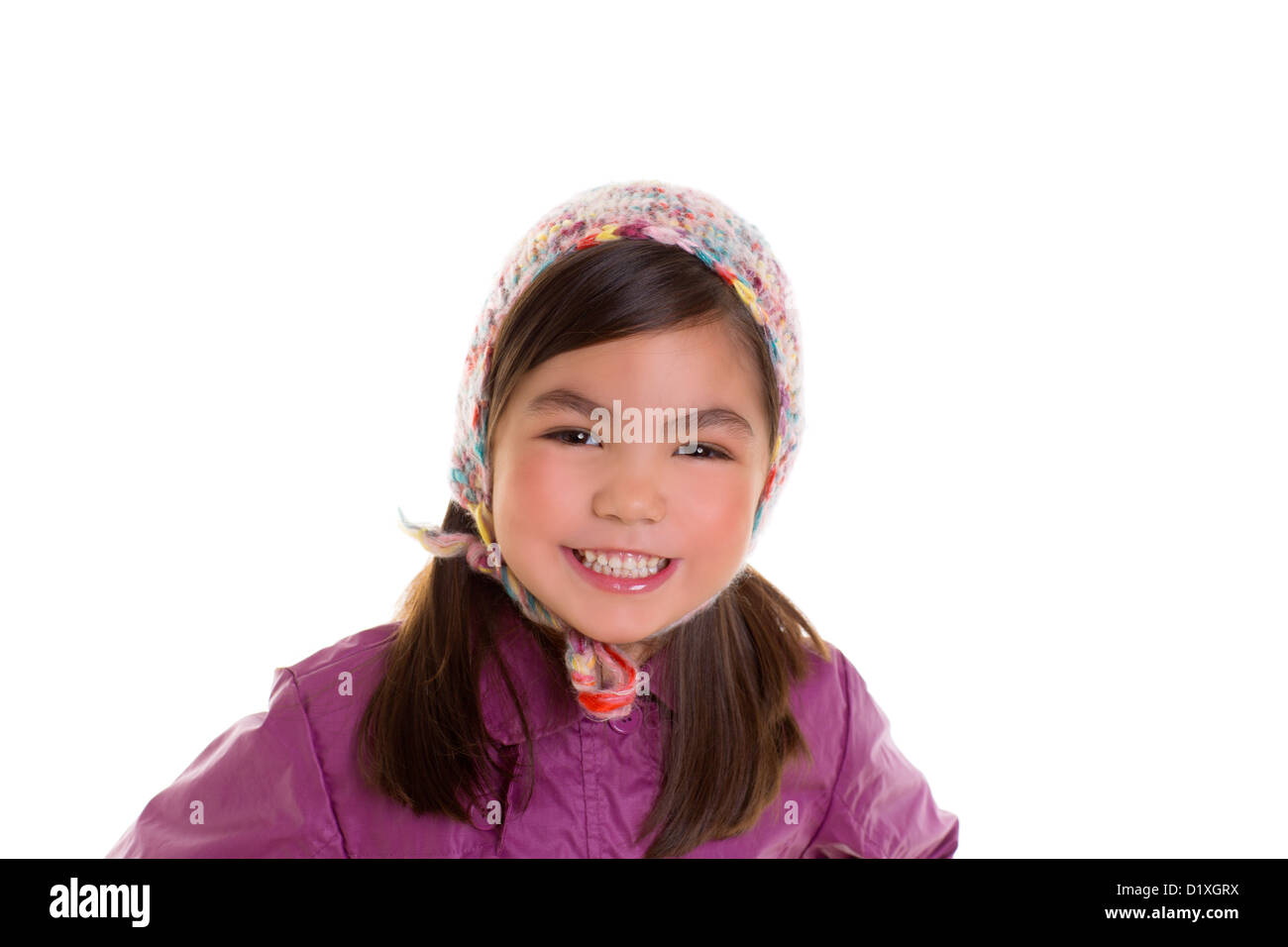 Asian child kid girl winter portrait purple coat and wool cap on white ...