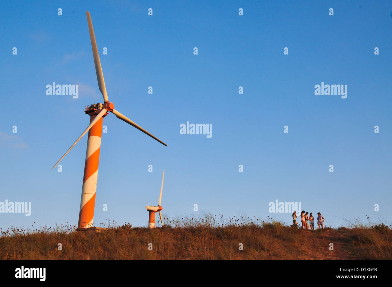 Excited young girls stand near Wind turbines. Photographed in Israel ...