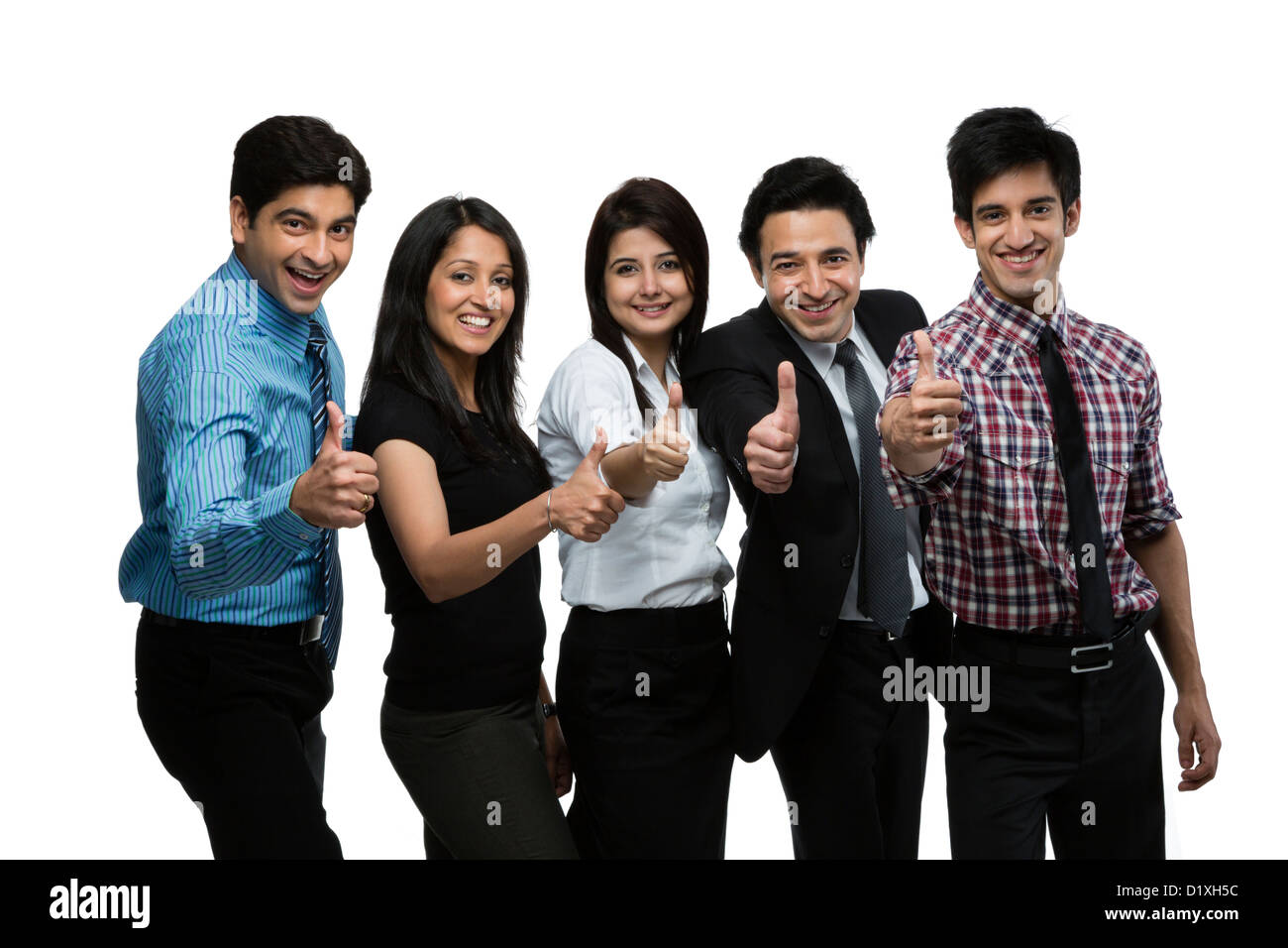 Portrait of a group of executives showing thumbs up sign and smiling ...
