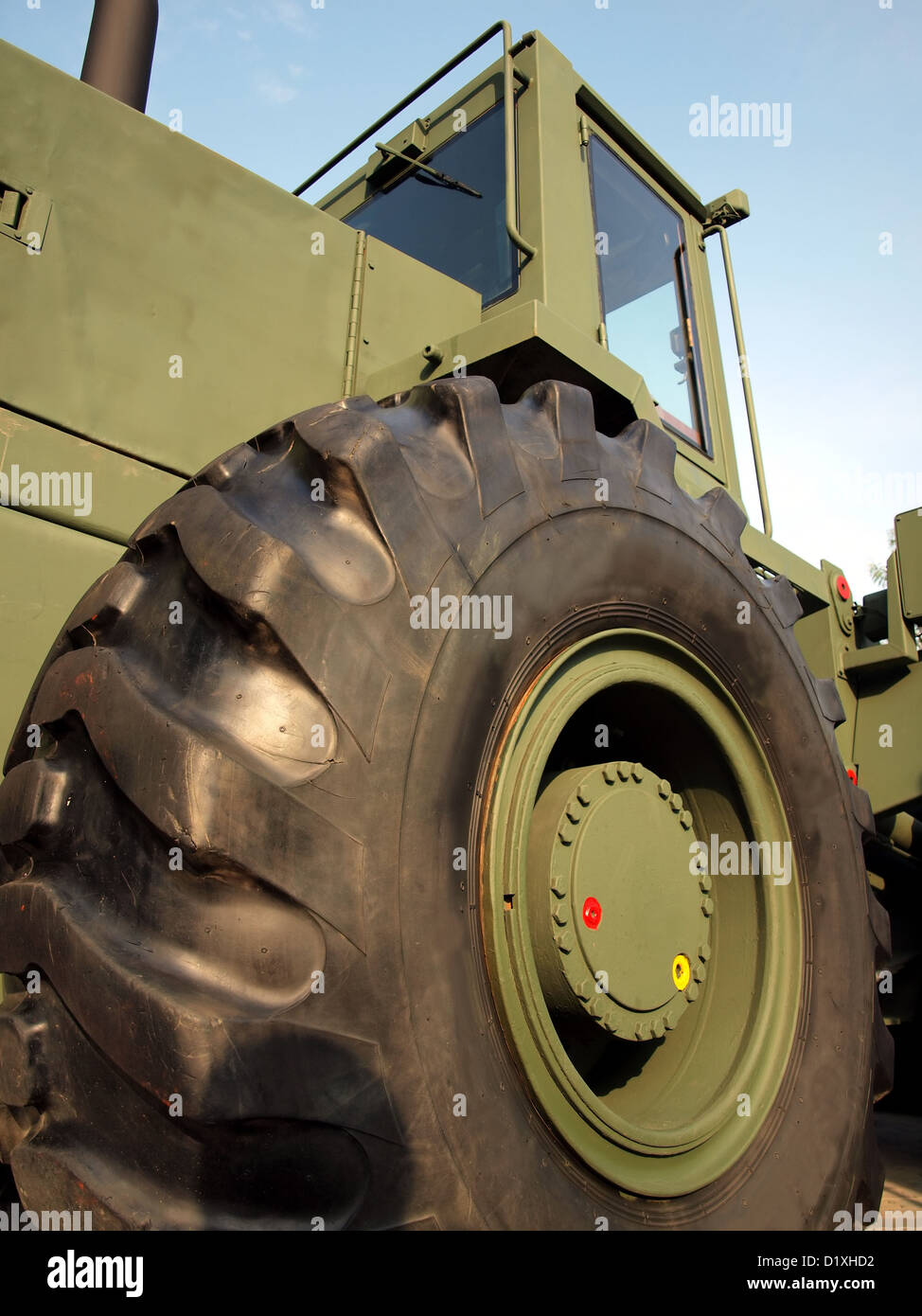 Massive tire of a military earth moving equipment vehicle Stock Photo ...