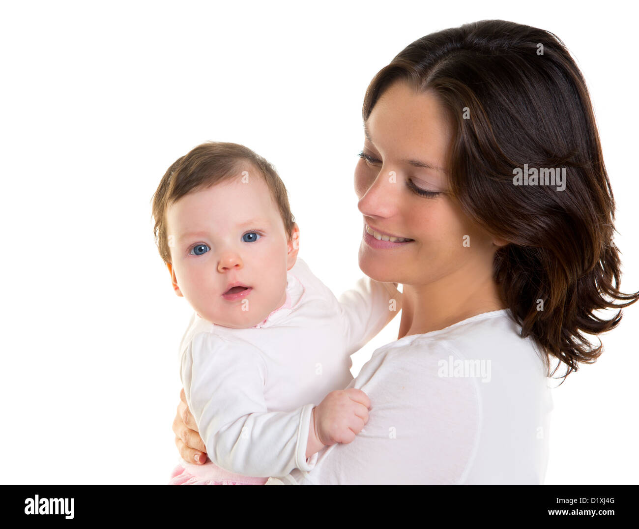 Baby girl hug in mother arms happy on white background Stock Photo - Alamy
