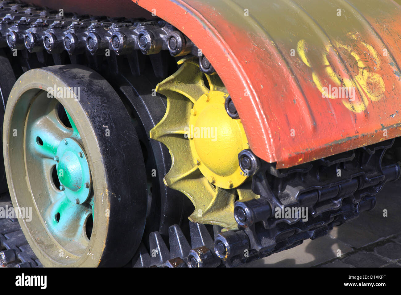 Closeup part of tank track which painted in multi-colored colors Stock ...