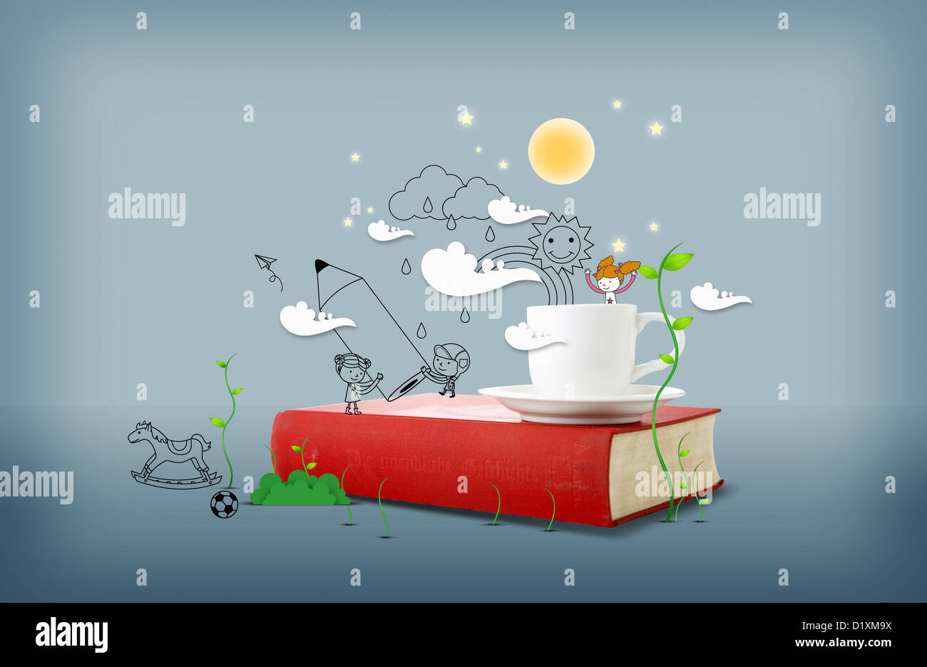 illustration of human character in a coffee cup on a book Stock Photo ...